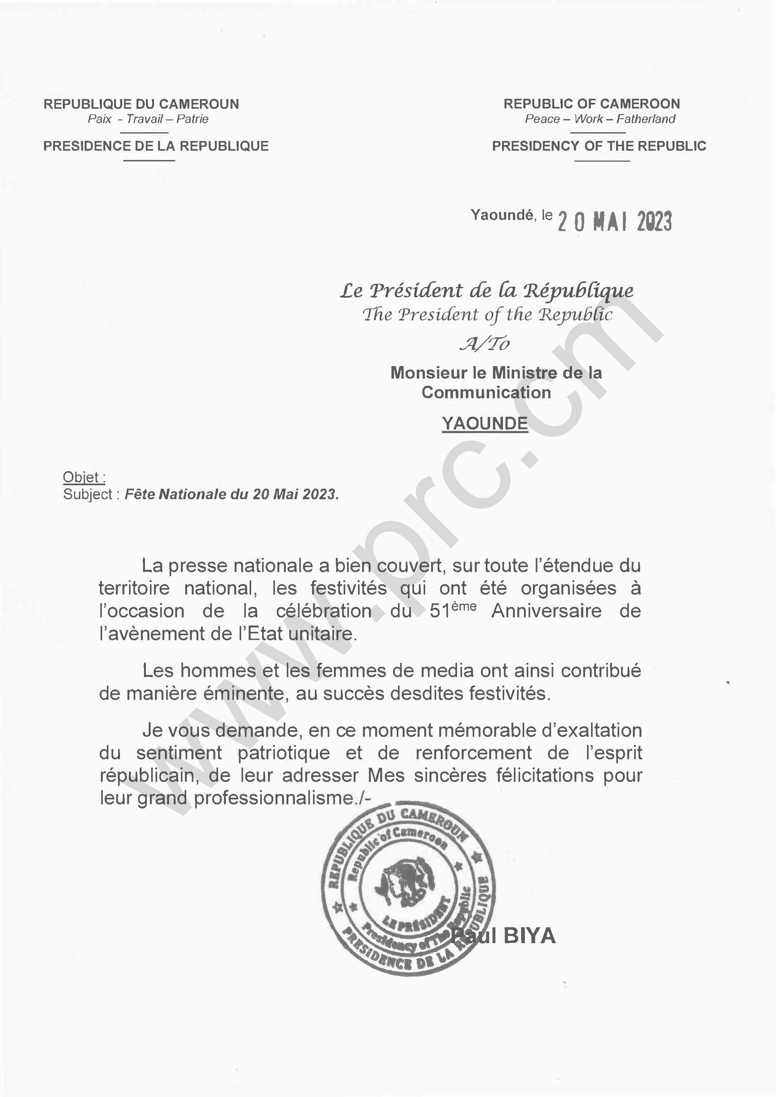 Message de félicitations du Chef de l’État à M. le Ministre de la Communication, à l'occasion de ...